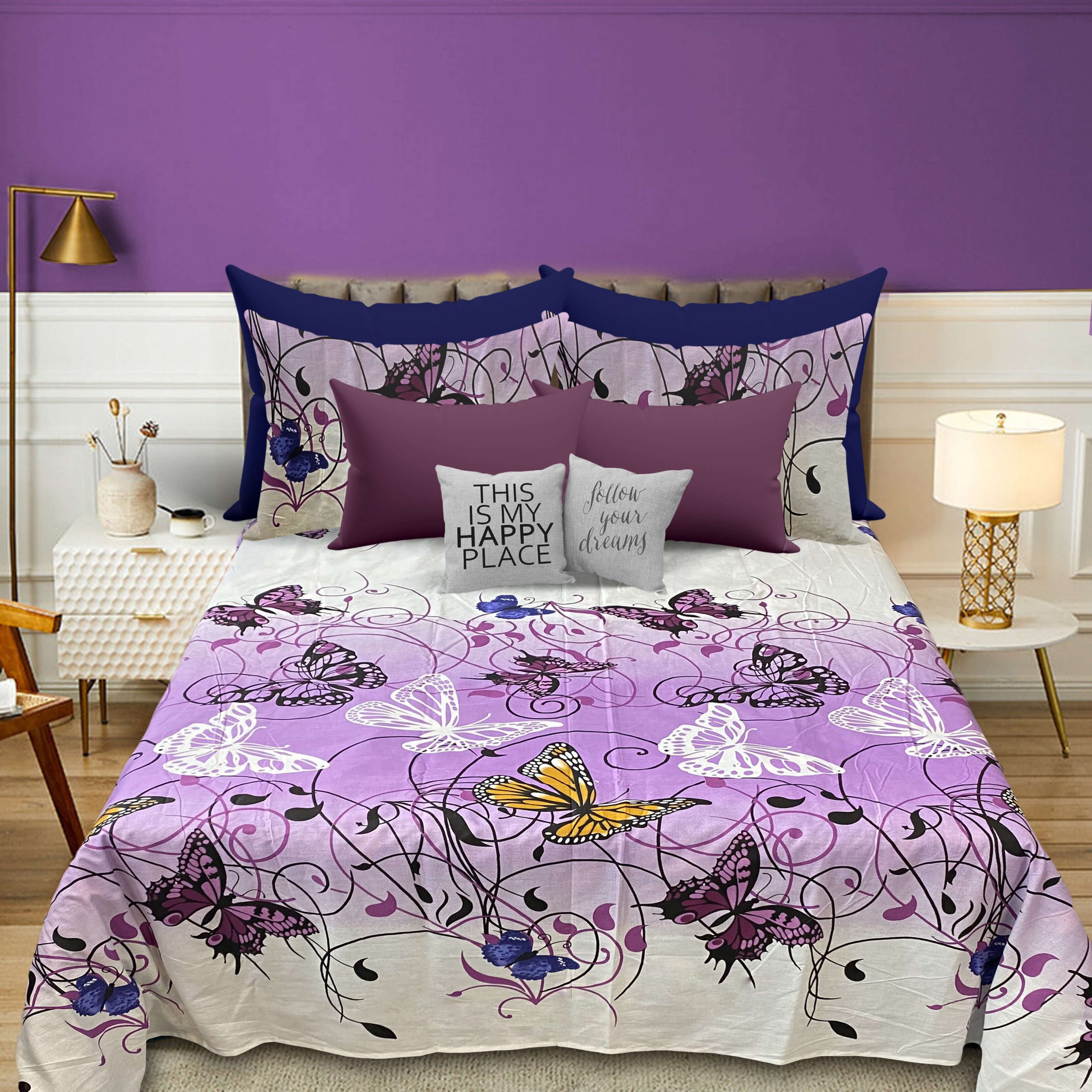 Purple Butterfly Pure Cotton Bed Sheet Set 3Pcs - Bed & Trend